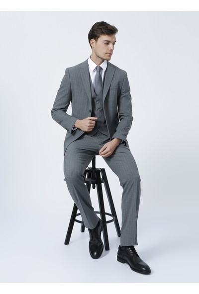 Fabrika Jamıs Ceket Yaka Slim Fit Çizgili Gri Erkek Takım Elbise Fabrika Jamıs Ceket Yaka Slim Fit Çizgili Gri Erkek Takım Elbise
