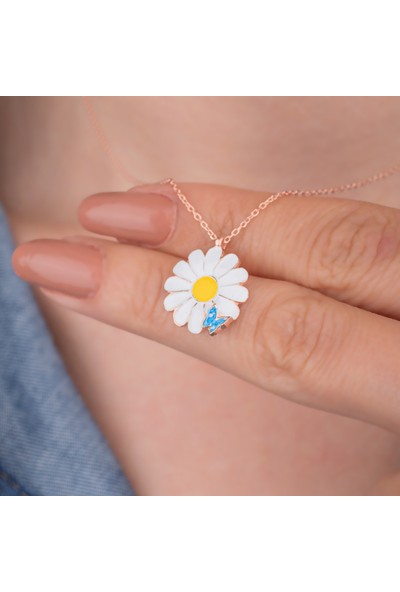 Miavi Silver 925 Ayar Gümüş Mavi Kelebek Motifli Mineli Papatya Kolye