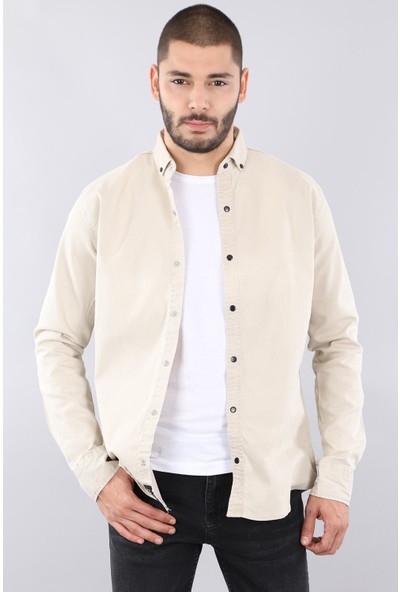 Arlin Erkek Düz Likralı Çıtçıtlı Uzun Kollu Slim Fit Bej Kot Gömlek Arlin Erkek Düz Likralı Çıtçıtlı Uzun Kollu Slim Fit Bej Kot Gömlek