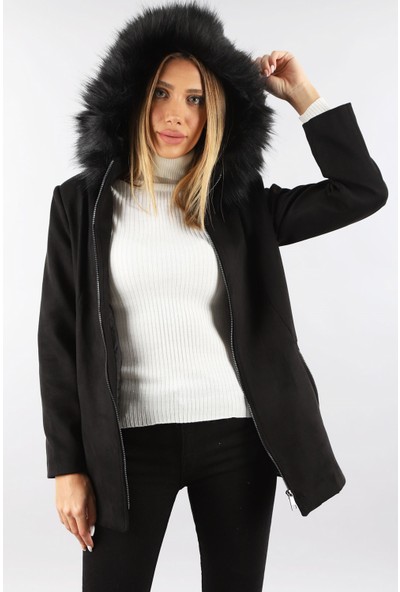Arlin Kadın Süet Tam Kalıp Fermuarlı Cepli Kapşonu Kürklü Siyah Kaban