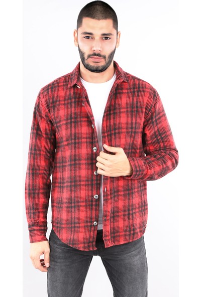 Arlin Erkek Oduncu Düğmeli Slim Fit Kırmızı Gömlek