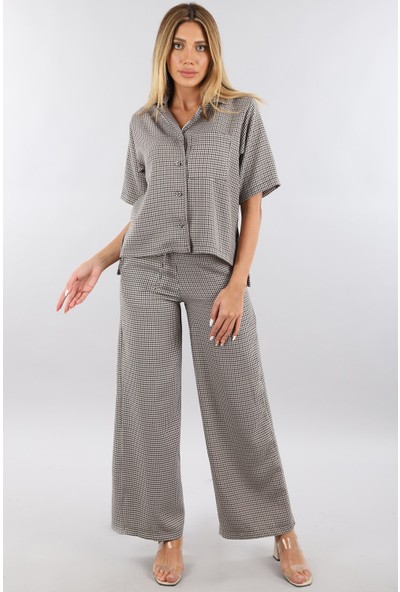 Arlin Kadın Ön Kısa Arka Uzun Gömlek Yaka Belden Bağlamalı Vizon Takım Arlin Kadın Ön Kısa Arka Uzun Gömlek Yaka Belden Bağlamalı Vizon Takım