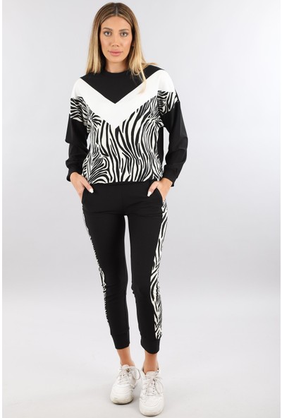 Arlin Kadın Bisiklet Yaka Ara Parçalı Garnili Siyah-Ekru Takım Arlin Kadın Bisiklet Yaka Ara Parçalı Garnili Siyah-Ekru Takım