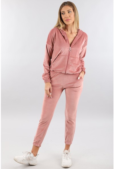 Arlin Kadın Kanguru Cepli Alt Paça Lastikli Kapşonlu Önden Fermuarlı Pudra Takım