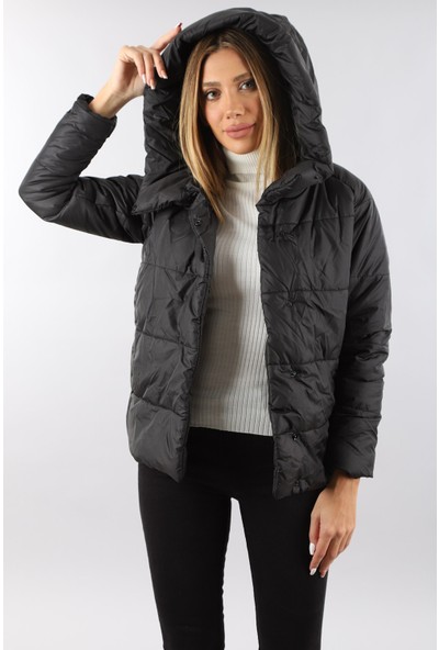 Arlin Kadın Sabit Kapşonlu Şişme Cepli Çıt Çıt Kapama Siyah Mont