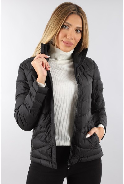 Arlin Kadın Şişme Dik Yaka Fermuarlı Cepli Tam Kalıp Siyah Mont