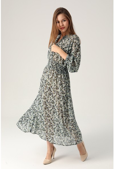 Calido Kadın Uzun Kollu Yeşil Desenli Şifon Elbise