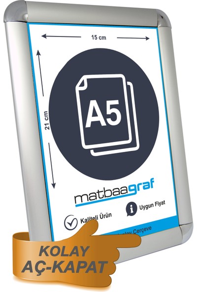Matbaagraf A5 Alüminyum Rondo Köşe Açılır Kapanır Çerçeve 15 x 21 cm