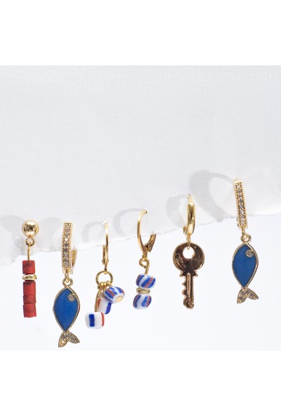 New Obsessions 6'lı 18 K Altın Kaplama Mavi Fishy Balıklı Anahtar Figürlü Sallantılı Küpe Seti