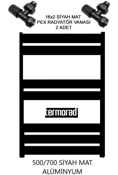 Mat Siyah Alüminyum Havlupan 50*70 cm Termorad Petsa Slim +2 Adet 16X2 Pex Radyatör Havlupan Vanası Siyah Mat 1/2' Mat Siyah Alüminyum Havlupan 50*70 cm Termorad Petsa Slim +2 Adet 16X2 Pex Radyatör Havlupan Vanası Siyah Mat 1/2'
