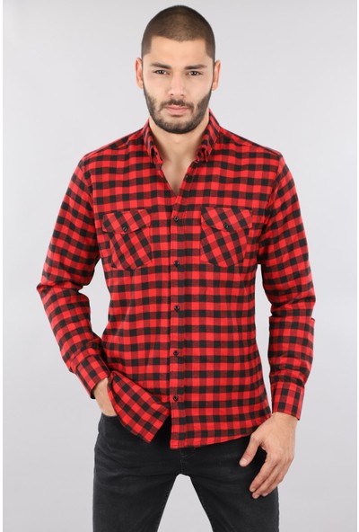 Arlin Erkek Çift Cep Ekose Düğmeli Slim Fit Siyah-Kırmızı Gömlek Arlin Erkek Çift Cep Ekose Düğmeli Slim Fit Siyah-Kırmızı Gömlek