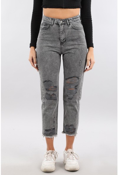 Arlin Kadın Yüksel Bel Tam Kalıp Yırtık Yamalı Siyah Kar Lazer Jean Pantolon