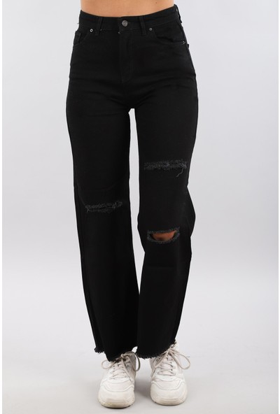 Arlin Kadın Yüksek Bel Palazlı Yırtık Model Bol Paça Siyah Lazer Yırtıklı Pantolon