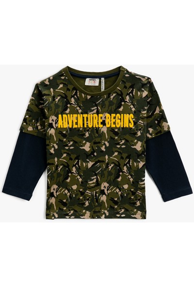 Koton Sloganlı Kamuflaj Baskılı Tişört Uzun Kollu Pamuklu Koton Sloganlı Kamuflaj Baskılı Tişört Uzun Kollu Pamuklu
