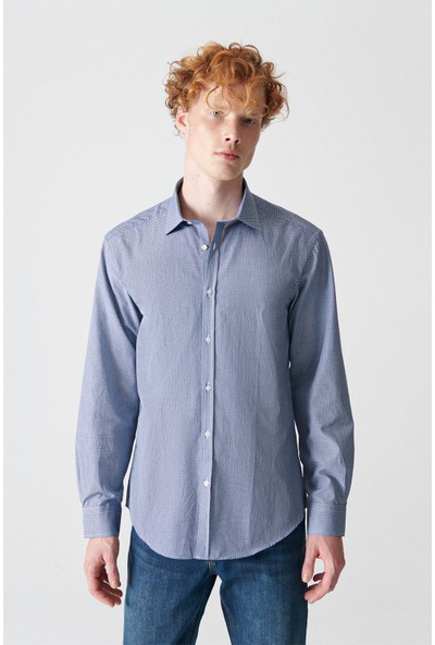 Avva Erkek Koyu Mavi Baskılı Düğmeli Yaka Regular Fit Gömlek A12Y2198