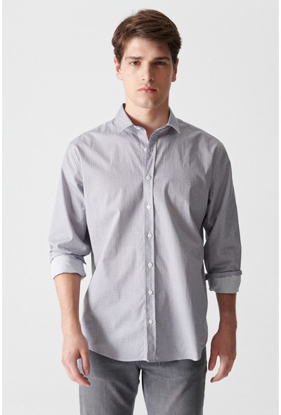 Avva Erkek Gri Baskılı Düğmeli Yaka Regular Fit Gömlek A12Y2201