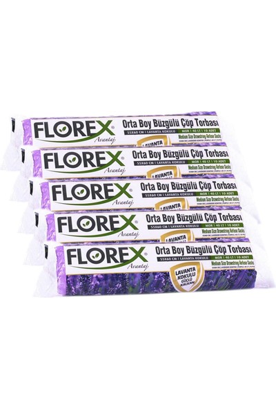 Florex Büzgülü Lavanta Kokulu Orta Boy Çöp Torbası 55X60 cm 5 Rulo Florex Büzgülü Lavanta Kokulu Orta Boy Çöp Torbası 55X60 cm 5 Rulo