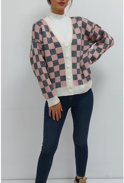 Bkmc 5 Düğmeli Ekose Hırka Antrasit-Pudra