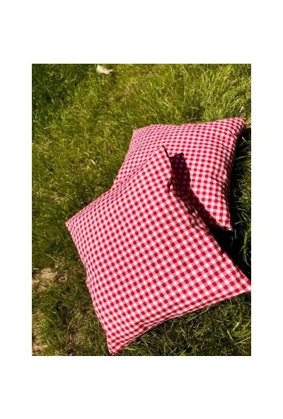 Belmod Moda Kırmızı Beyaz Ekose 50 x 50 cm Içi Dolgulu Yer Minderleri Minderler 2 Adet