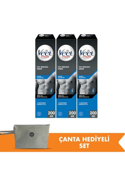 Veet Men Hassas Erkeklere Özel Tüy Dökücü Krem 200 ml x 3 Adet + Çanta