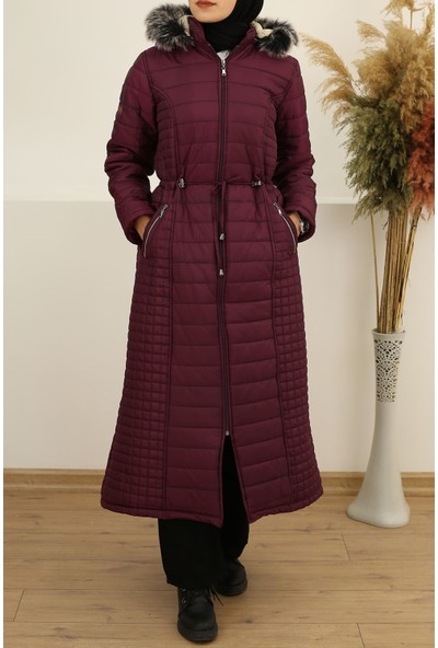 İmaj Butik Tam Boy Içi Kürklü Kapşonlu Mont/mürdüm