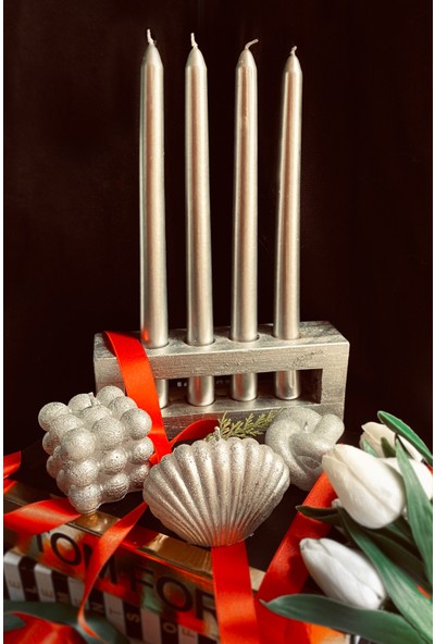 Sanat Sepet İşleri Premium Gümüş Özel Yılbaşı & Dekoratif Mum Seti Şamdan Mum Ahşap Şamdanlık 3' Lü Set