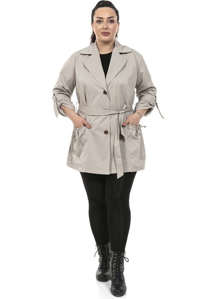 Disentis Modest Mono Yaka Katlamalı Kollu Cepleri Büzgü Detaylı Taş Rengi Trençkot