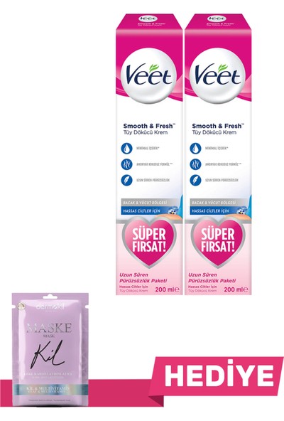 Veet Tüy Dökücü Krem Bacak & Vücut Bölgesi Hassas Ciltler 200 ml Süper Fırsat X 2 + Dermokil Leke Karşıtı Aydınlatıcı Maske