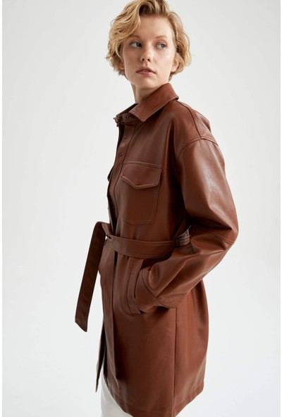 DeFacto Suni Deri Regular Fit Kuşak Detaylı Su Geçirmez Mont T9003AZ21AU