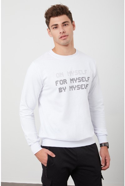 Tena Moda Erkek Beyaz Bisiklet Yaka On My Self Baskılı Sweatshirt