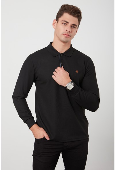 Tena Moda Erkek Siyah Polo Yaka Waffle Sweatshirt Tena Moda Erkek Siyah Polo Yaka Waffle Sweatshirt