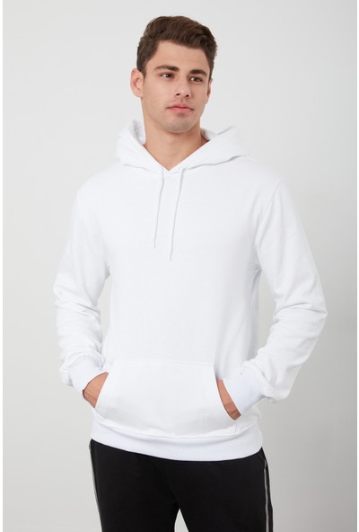 Tena Moda Erkek Beyaz Kapşonlu Kanguru Cepli Şardonlu Basic Sweatshirt Tena Moda Erkek Beyaz Kapşonlu Kanguru Cepli Şardonlu Basic Sweatshirt