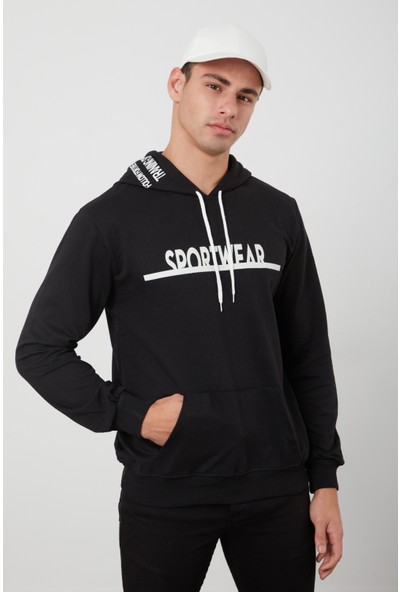 Tena Moda Erkek Siyah Kapşonlu Sportwear Baskılı Sweatshirt Tena Moda Erkek Siyah Kapşonlu Sportwear Baskılı Sweatshirt