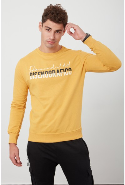 Tena Moda Erkek Hardal Bisiklet Yaka Dısenografıco Baskılı Sweatshirt