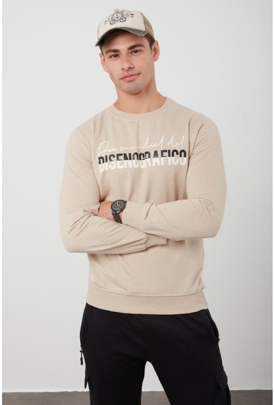 Tena Moda Erkek Bej Bisiklet Yaka Dısenografıco Baskılı Sweatshirt