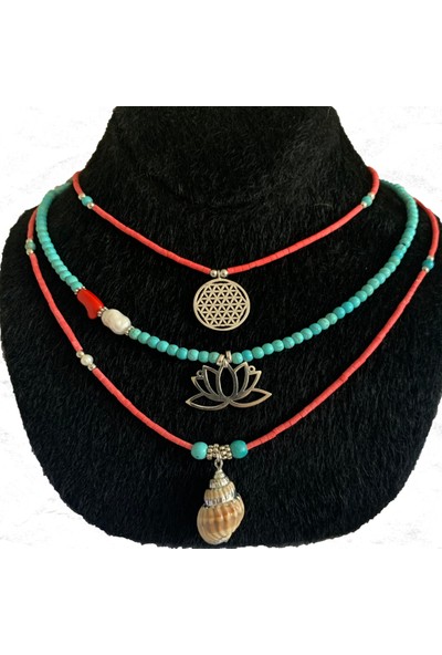 Suerte Accessories Deniz Kabuğu Gümüş Kaplama Yaşam Çiçeği Inci Uçlu Mercan ve Turkuaz Doğal Taşlı Üçlü Kolye Kombin Suerte Accessories Deniz Kabuğu Gümüş Kaplama Yaşam Çiçeği Inci Uçlu Mercan ve Turkuaz Doğal Taşlı Üçlü Kolye Kombin