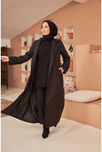 Neways Arka Süs Düğmeli Kemerli Trençkot Siyah 6572