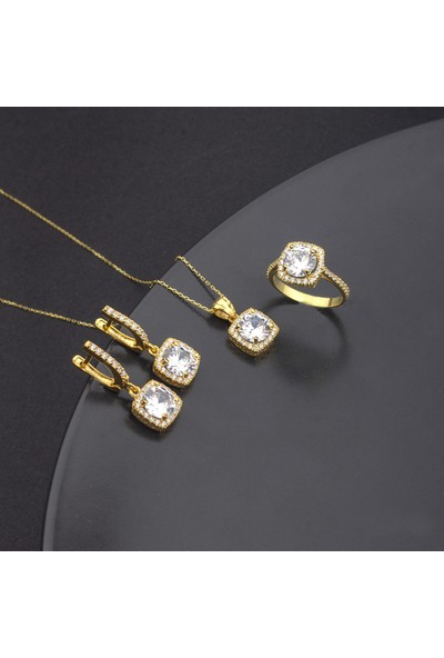 Ravza Gümüş 925 Ayar Gümüş Sallantılı Pırlanta Modeli Kare Takı Seti