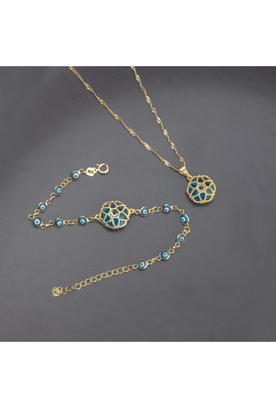 Ravza Gümüş 925 Ayar Gümüş Kafesli Nazar Kolye Bileklik Set