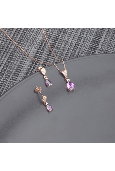 Ravza Gümüş 925 Ayar Gümüş Ametist Taşlı Damla Kolye Küpe Set Ravza Gümüş 925 Ayar Gümüş Ametist Taşlı Damla Kolye Küpe Set
