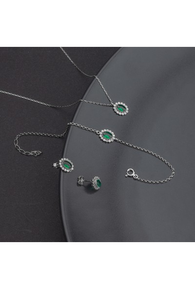 Ravza Gümüş 925 Ayar Gümüş Zümrüt Taşlı Oval Takı Seti