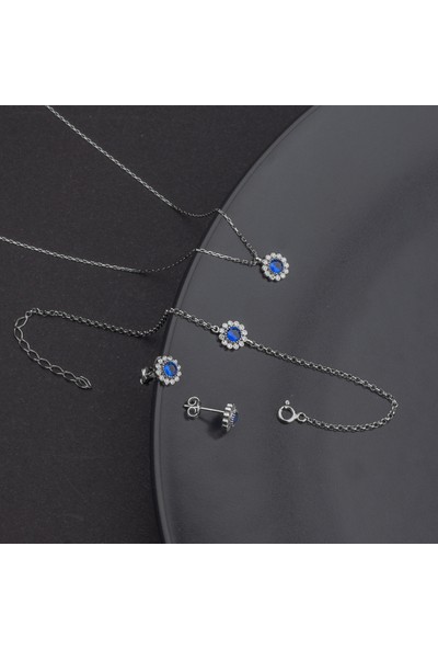 Ravza Gümüş 925 Ayar Gümüş Safir Taşlı Papatya Takı Seti