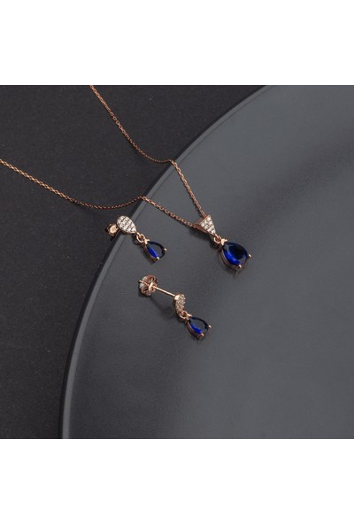 Ravza Gümüş 925 Ayar Gümüş Safir Taşlı Damla Kolye Küpe Set