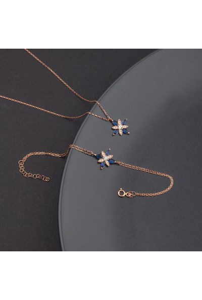 Ravza Gümüş 925 Ayar Gümüş Safir Taşlı Umut Çiçeği Kolye Bileklik Set