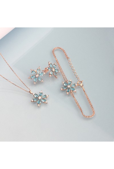 Ravza Gümüş 925 Ayar Gümüş Aquamarine Taşlı Nergis Çiçeği Takı Seti