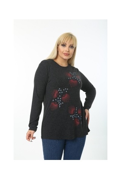 Butik Şımarık Kadın Büyük Beden Önü Desenli Siyah Renk Yün Viskon Kazak