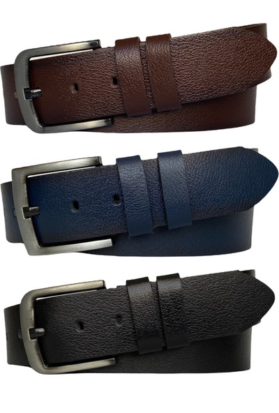 GoDeri Tek Parça Deri 3'lü Set Siyah, Lacivert, Kahverengi 4.5 cm Kot, Spor Kemer