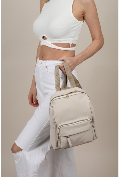 Madamra Krem Kadın Saten Kumaş Çok Gözlü Okul Ve Sırt Çantası
