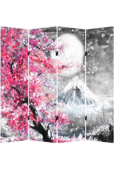 Stella Store Fuji Dağı Kiraz Çiçeği Manzara Yağlı Boya 4 Kanatlı Oda Bölücü Çift Taraflı Kanvas Paravan
