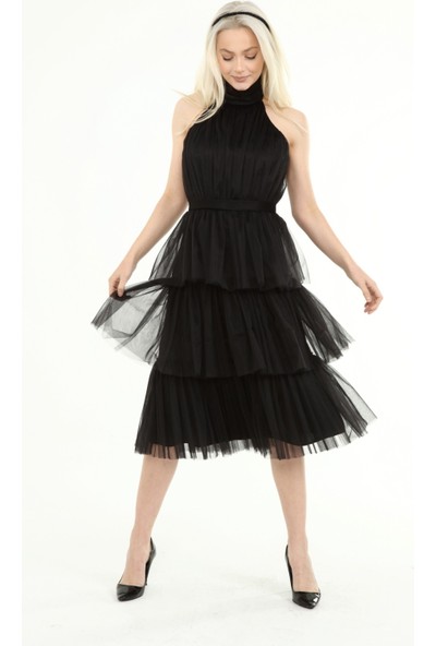 Asees Boyundan Bağlamalı 3 Katlı Tül Abiye Elbise